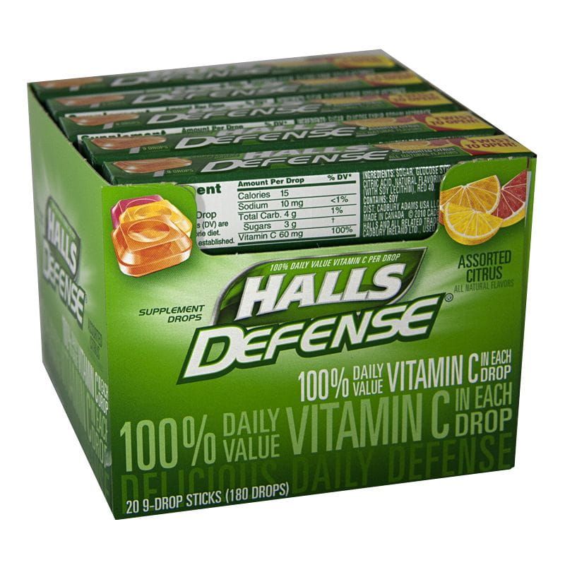 20 Pieces Halls Defense Vitamin C Stick of 9 Drops - Pain and Allergy ...