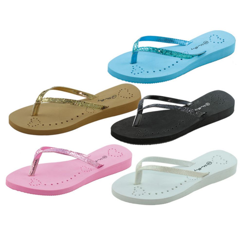36 Pairs Womans Heart And Glitter Design Flip Flops Assorted Colors ...