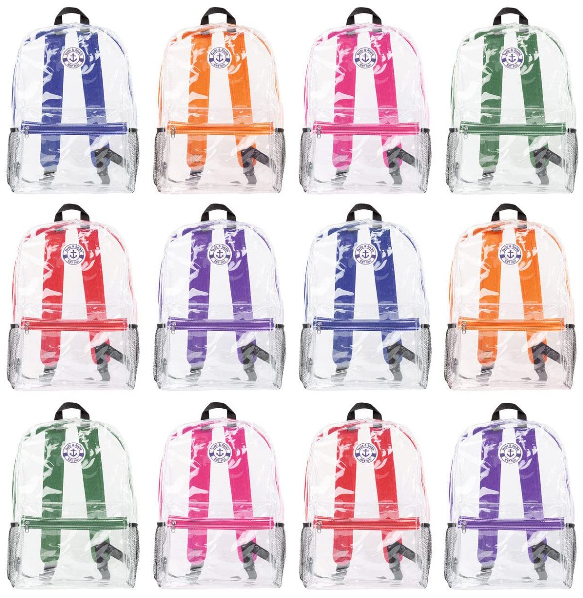 17 Inch Backpacks For Kids, Clear With Assorted Color Trim, 12 Pack ...