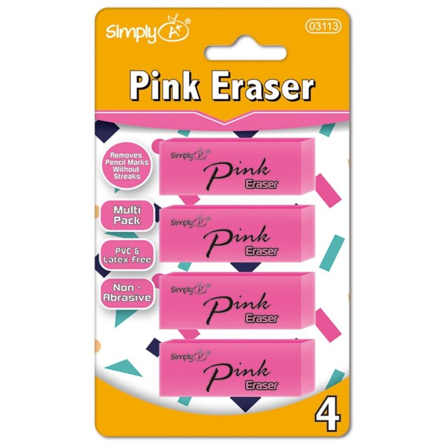144 Wholesale Four Pack Pink Eraser - WSD