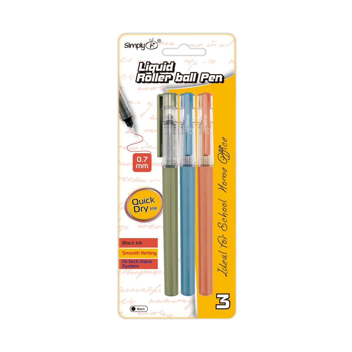 Liquid Roller Ball Pen 0.7mm Black Ink in Assorted Color Pen 3ct - SB