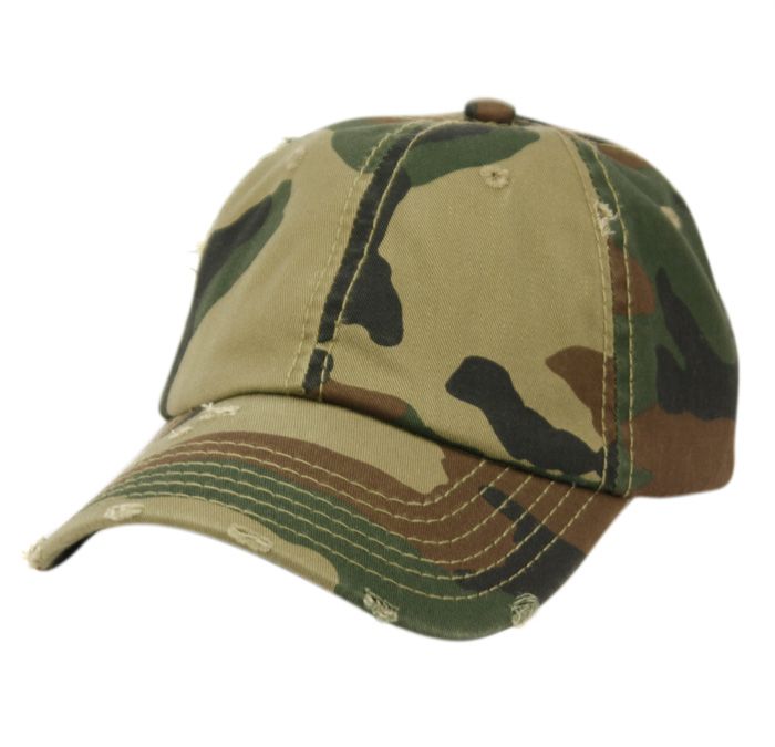 12 Wholesale Distressed Washed Cotton Baseball Cap In Camo Green - WSD