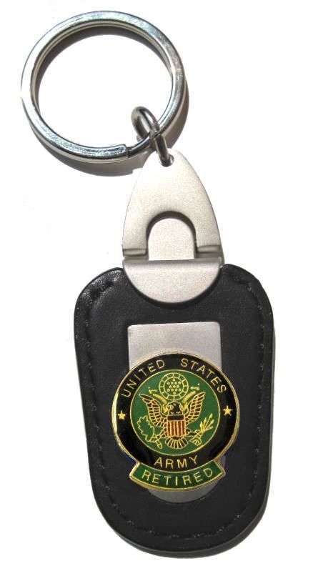 Bulk Metal/Leather Keychain With Brass Army Retired - WSD
