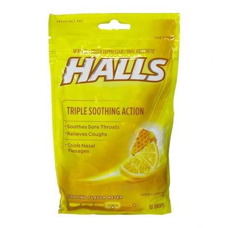 24 Pieces Halls Cough Suppressant Honey Lemon Bag of 30 Drops - Pain ...