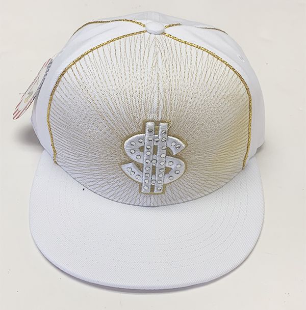Money Sign Fitted Hat Flat Bill Cap In White Color - WSD