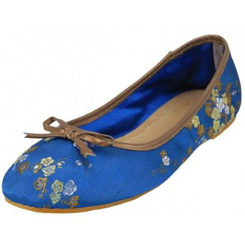 Women's Blue Satin Brocade Ballet Flat Shoes - WSD