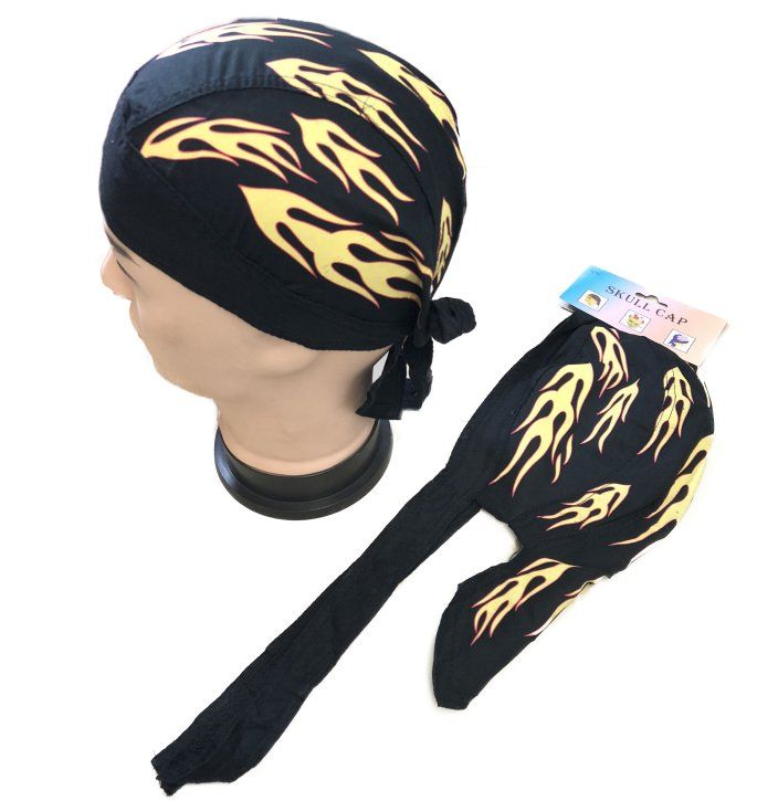 96 Wholesale Skull CaP-Black With Yellow Flames - WSD