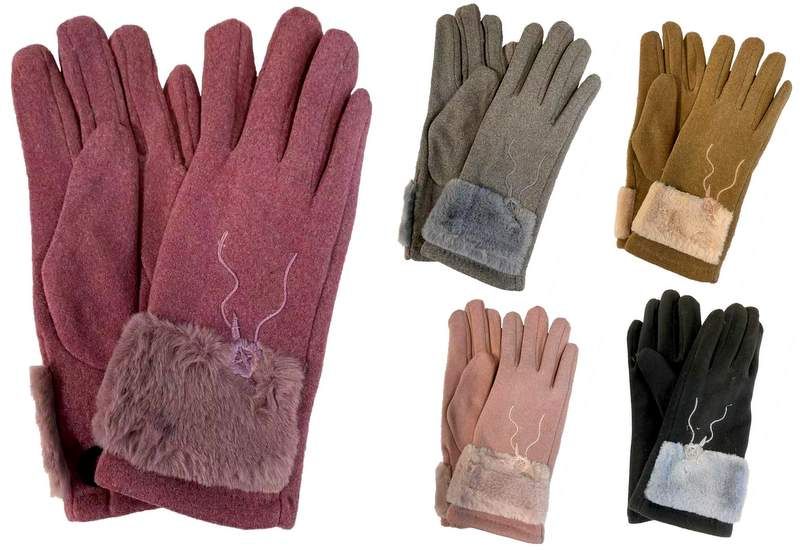 12 Pieces Lady Fashion Winter Glove Faux Fur & Embroidery - Fuzzy ...