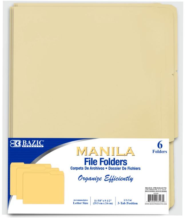 48 Wholesale 1/3 Cut Letter Size Manila File Folder (6/pack) - WSD