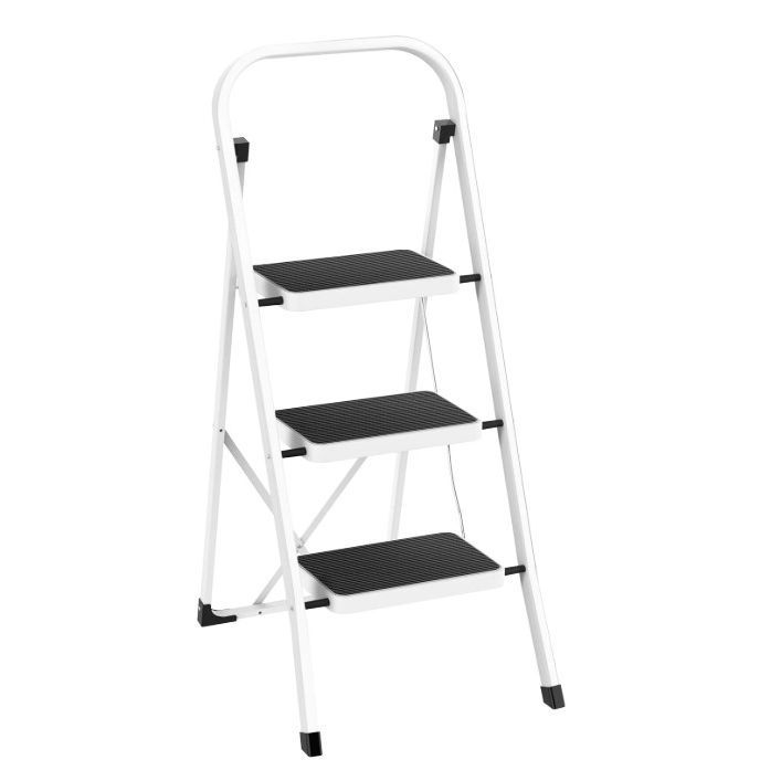 HB Tower White 3-Step Ladder Folding Stool with Handle - SB