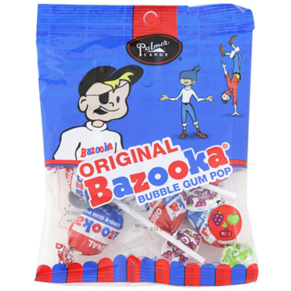 8 pieces Bazooka Bubble Gum Pops 3 Oz Peg Bag 3 Assorted Grape Apple ...