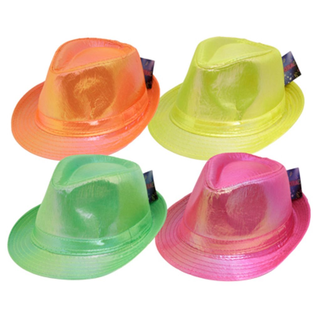 24 Wholesale Fedora Shiny 80's Neon Costume 4ast Colors - WSD