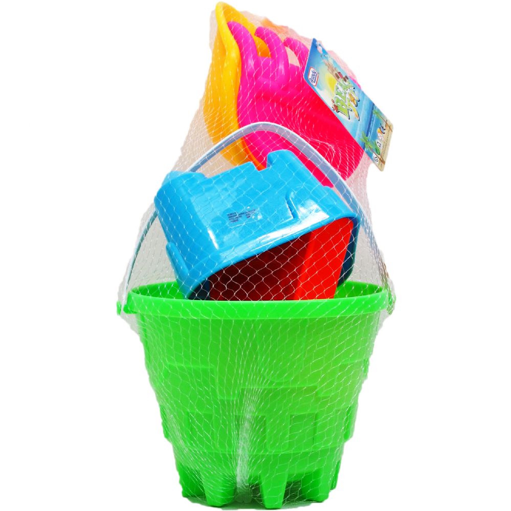 12 Pieces 4.75" Beach Bucket W/ 5pc Acss In Pegable Net Bag, 2 Assrt ...