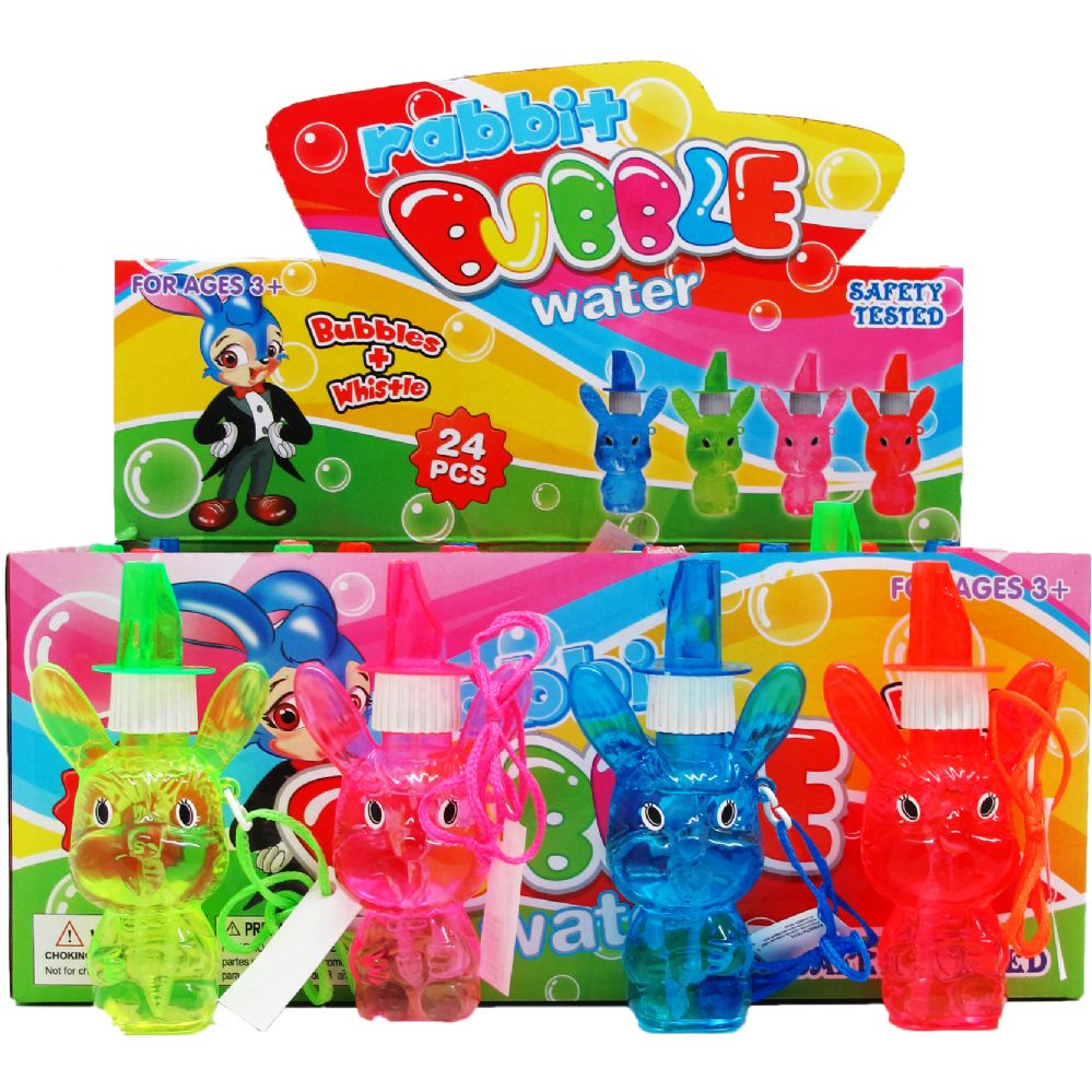 5.75" Rabbit Bubble Bottle W/ Whistle In 24pc Display Box - SB