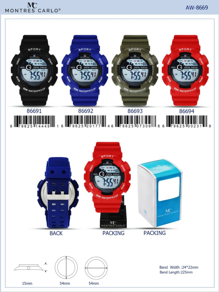 12 Wholesale Digital Watch - 86691 assorted colors - WSD