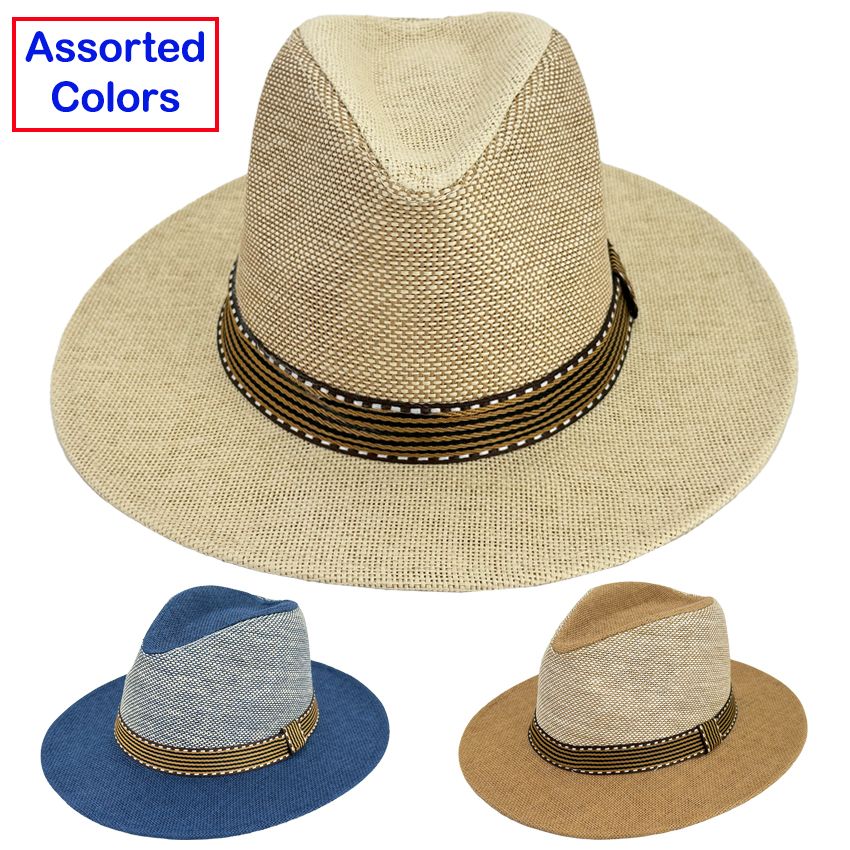 24 Pieces Straw Paper Panama Hats With Striped Band - Assorted Colors | Adjustable Size - Sun ...