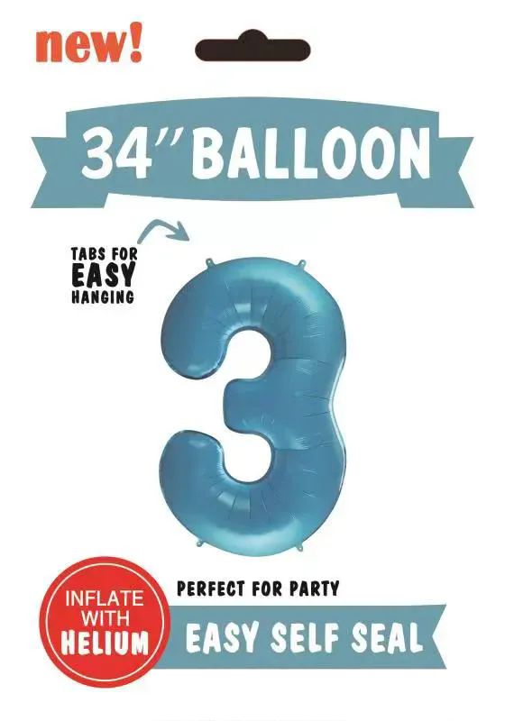 300 Pieces Mylar Balloon Number 3 Light Blue 34" - Balloons & Balloon ...