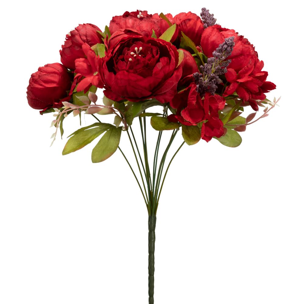 12 pieces Artificial 13 Head Peony Bush 25 inches - Red - Artificial ...