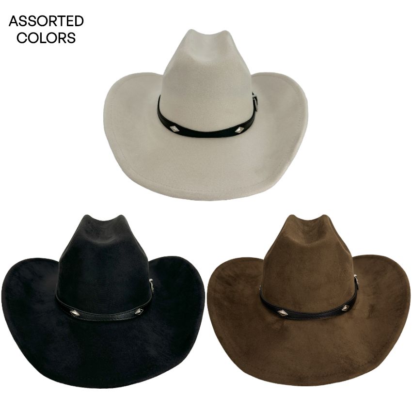 24 Wholesale Felt Cowboy Hats With Western Diamond Plain Band Brown Cream Black - WSD