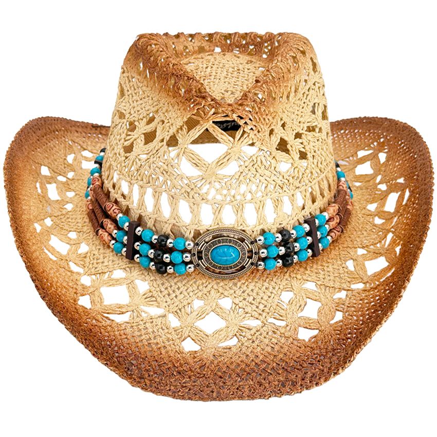 24 pieces Brown Straw Cowboy Hat - Brethable Design With Turquoise ...