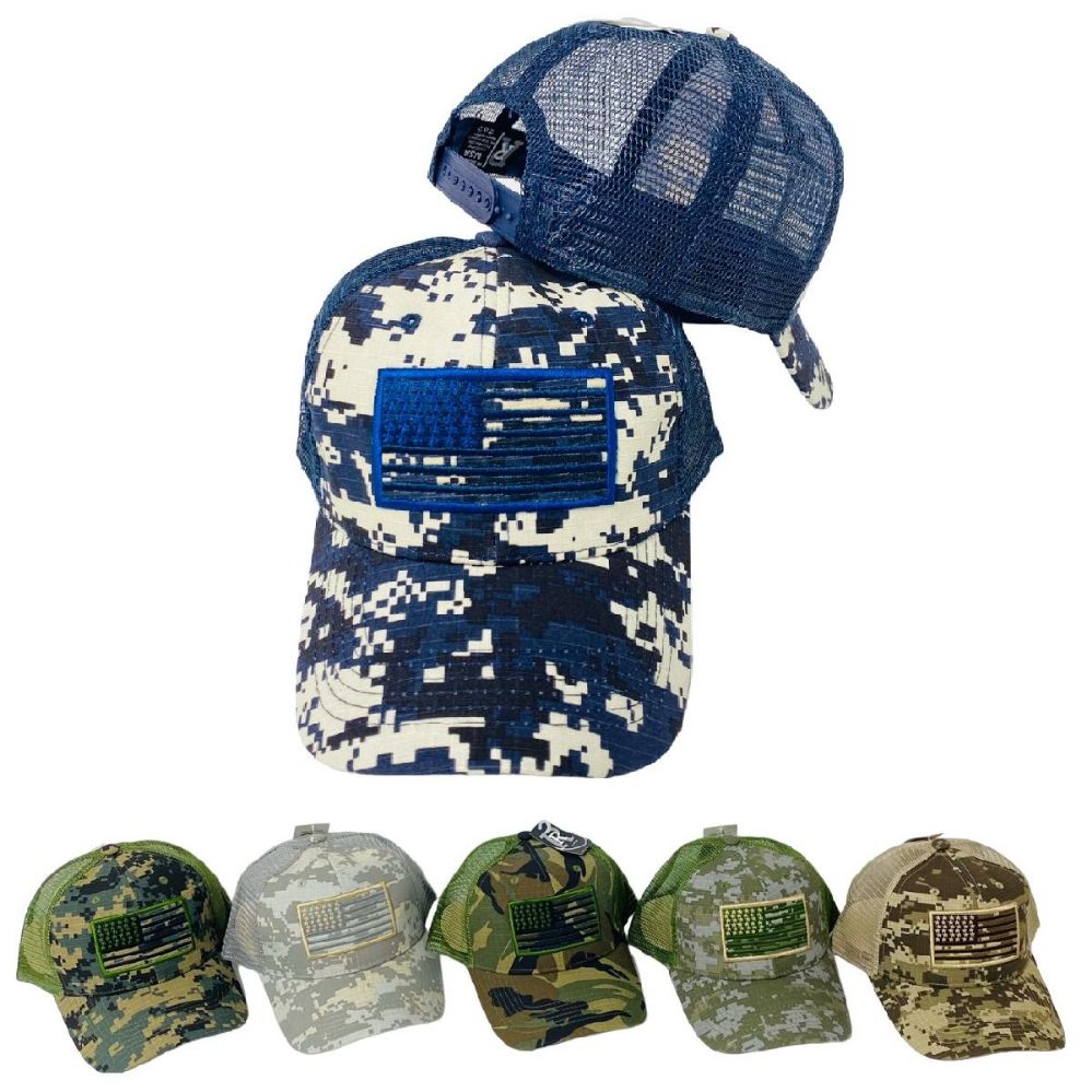 24 Wholesale 100% Cotton Ripstop Camo Mesh Hat With Embroidered Flag - WSD