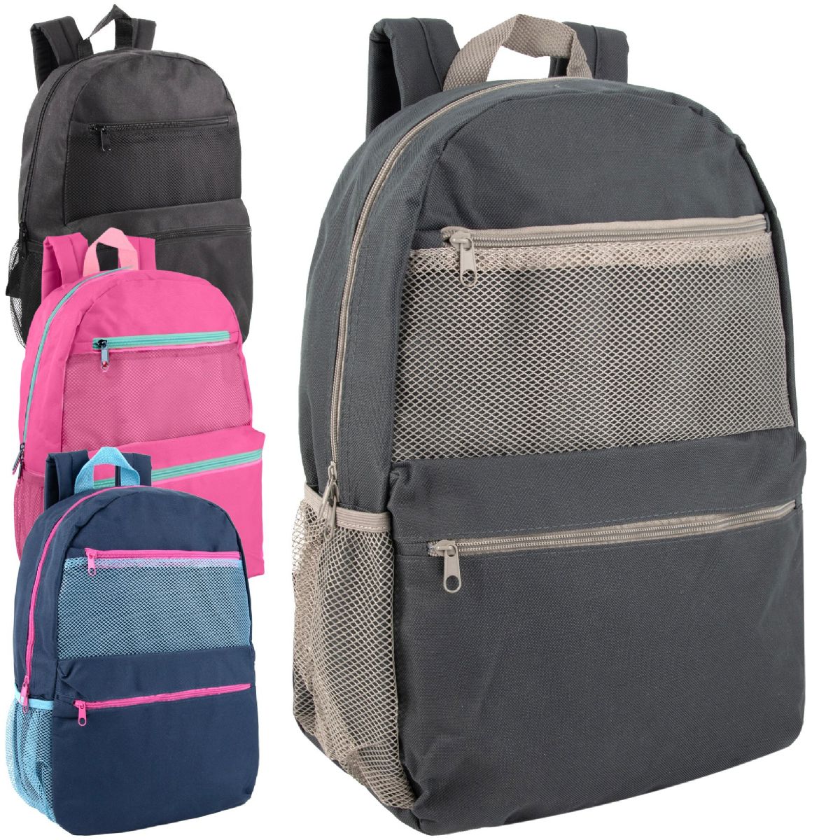 17-Inch Double Front Pocket Backpack With Side Mesh Pocket - 4 Colors ...