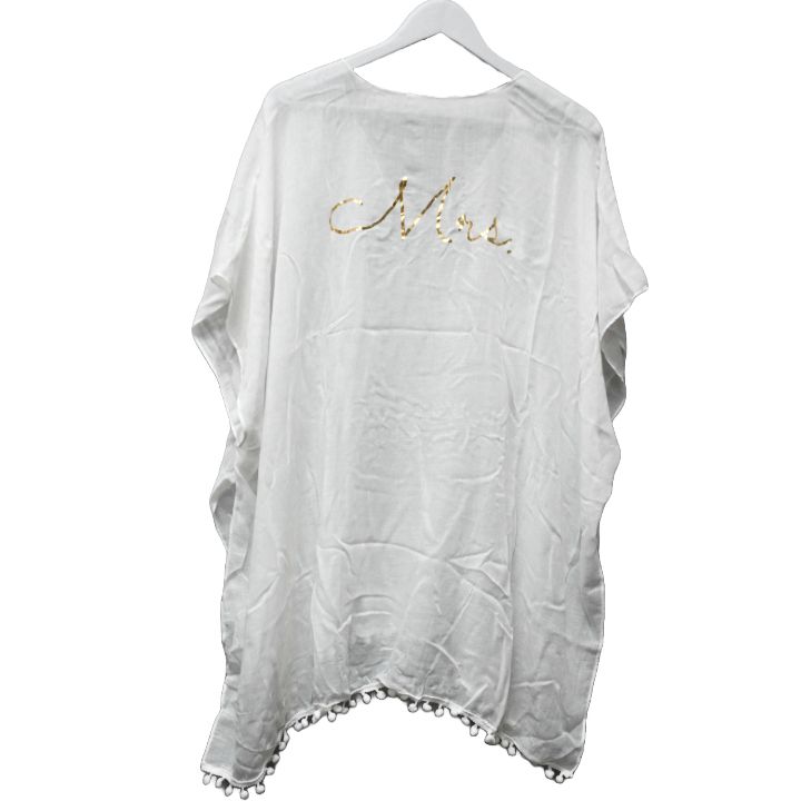 White Beach CoveR-Up With Gold Foil "mrs." And Pom Pom Hem - SB