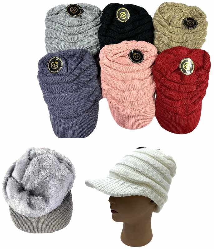 12 pieces Solid Color Knitted Ladies Winter Hats With Bill - Assorted ...