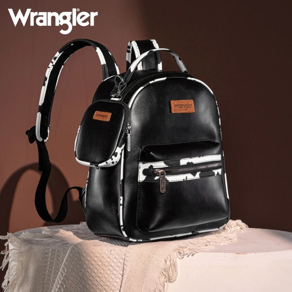 12 pieces Cow Print Trimmed Wrangler Backpack With Coin Pouch - Black ...