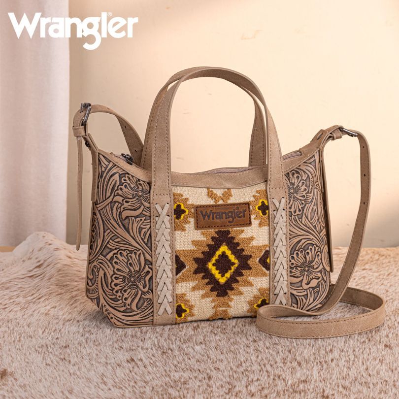 12 pieces Wrangler Tooled Aztec Pattern Print Tote/crossbody - Tan ...