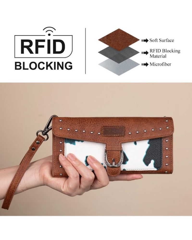 12 pieces Wrangler Western CoW-Print TrI-Fold Rfid Wallet/wristlet With ...