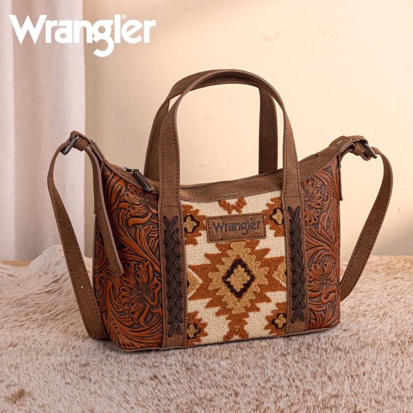 12 pieces Wrangler Tooled Aztec Pattern Print Tote/crossbody - Brown ...