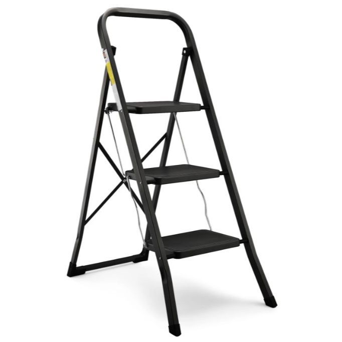 HB Tower Black 3-Step Ladder Folding Stool with Handle - Storage ...