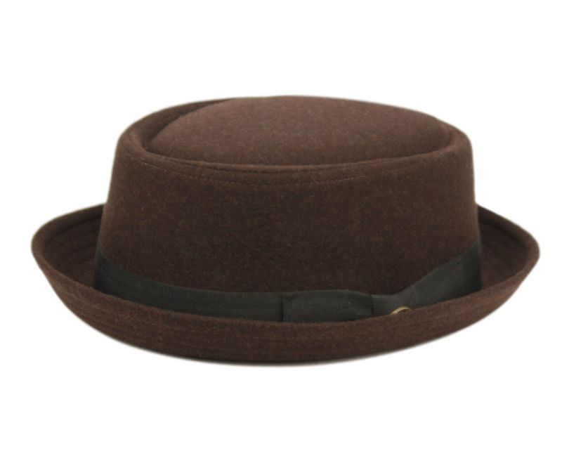 Round Shape Wool Blend Pork Pie Fedora Hats W/grosgrain Assorted Brown - SB