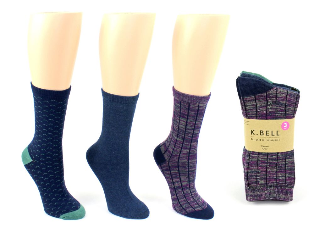8 Pairs Women's Designer Crew Socks By K. Bell - Ribbed, Solid ...