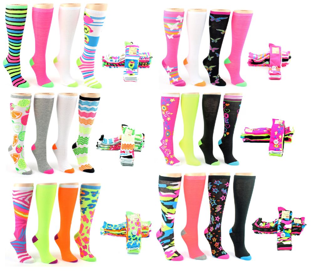 24 Pairs Women's Knee High Novelty Socks - Assorted Neon Prints - Size ...